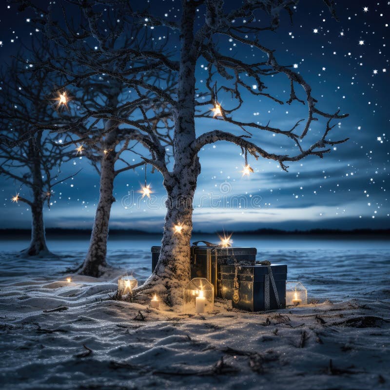 Chests with Gifts and Night Lanterns Stand in the Snow Under the Trees ...