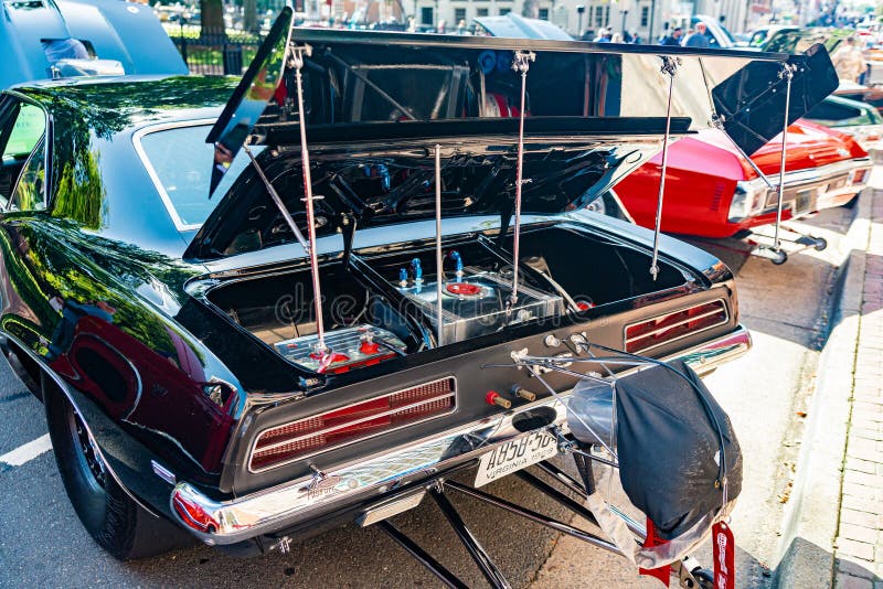 1967 Chevrolet Camaro Hot Rod with a Custom Engine Under the Open Hood ...