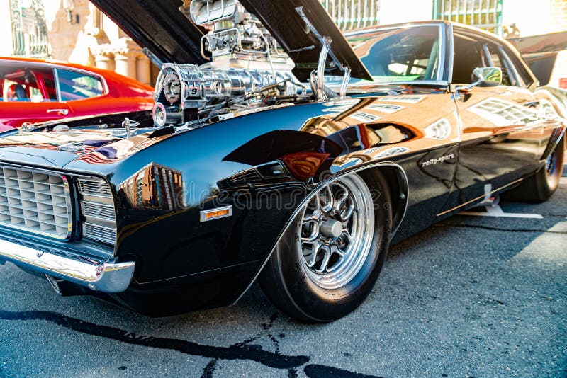 1967 Chevrolet Camaro Hot Rod Custom Engine Under Open Hood Stock ...