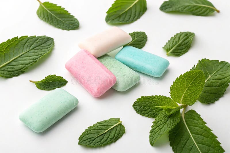 Chewing Gum Pads with Mint Leaves Isolated on White Background Stock ...