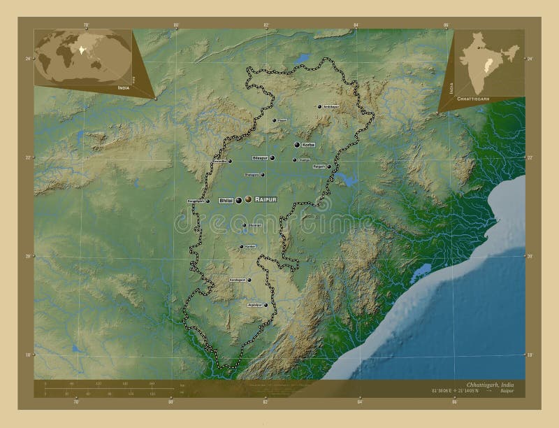 Chhattisgarh, India. Physical. Labelled Points of Cities Stock ...