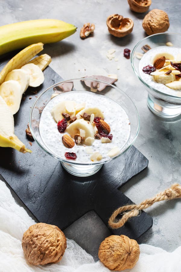 Chia Pudding Parfait Puff with Banana, Yogurt and Nuts Stock Image ...