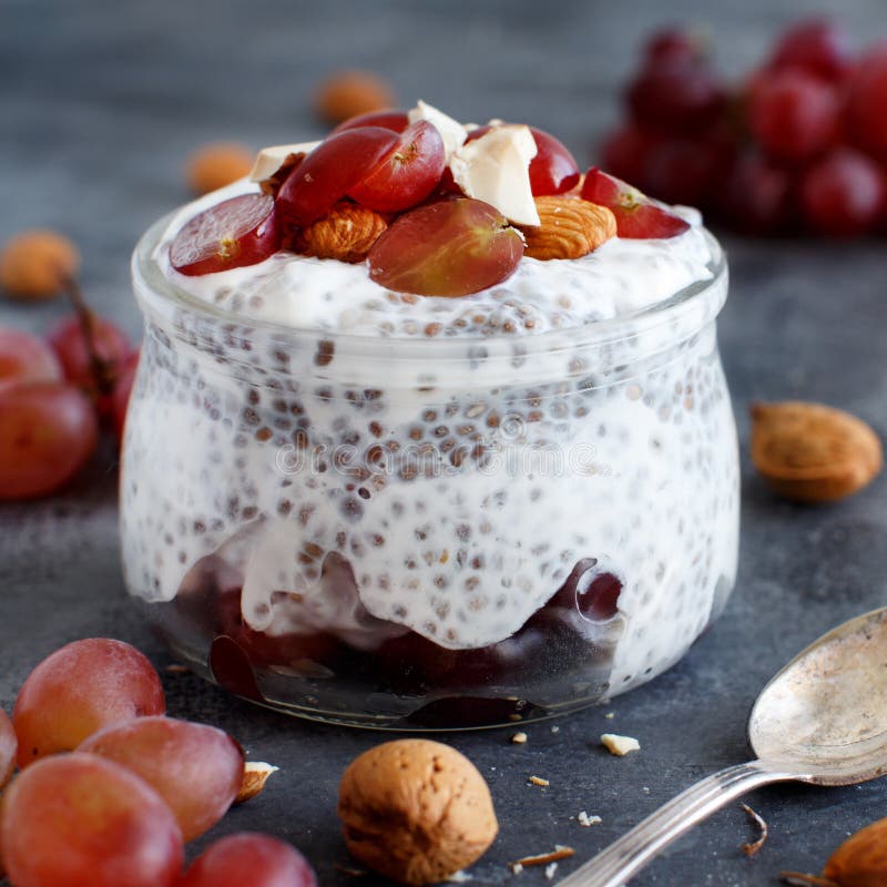 Chia Pudding Parfait with Red Grapes and Almonds Stock Image - Image of ...