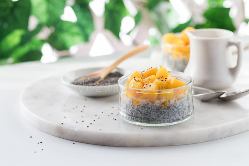 Chia Pudding Topped with Chopped Mango Pieces Against a Blurred ...