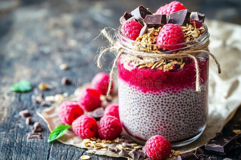 Chia Seed Pudding Layered with Yogurt, Raspberry Puree, and Topped with ...