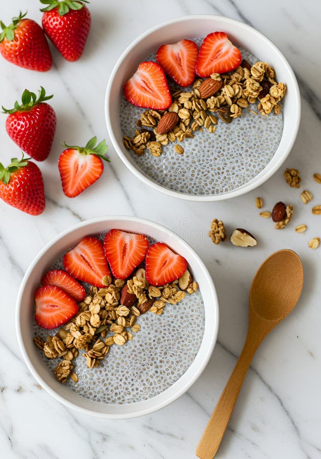Two Bowls of Chia Seed Pudding with Strawberries and Granola on a ...