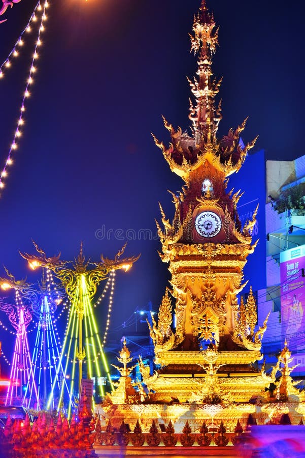 Golden Clock Tower in Chiang Rai, Thailand after Sunset Editorial Stock ...