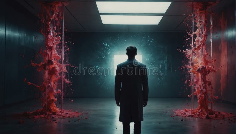 Chiaroscuro Illusions: Man Amidst Red Splashes, Enveloped by Radiant ...