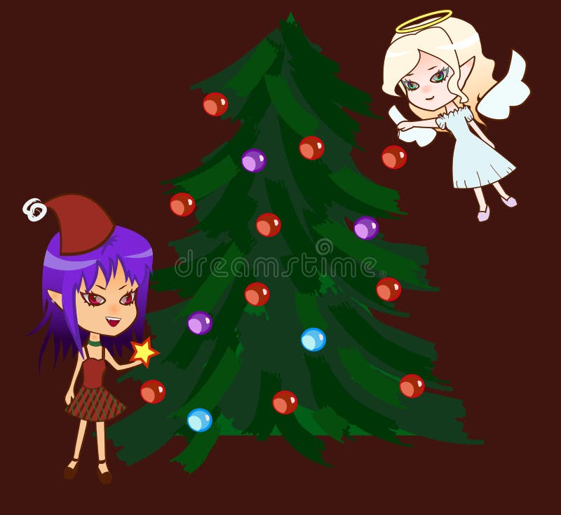Chibi Angel and Demon with Xmas Tree Stock Vector - Illustration of ...