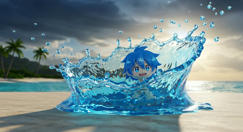 Chibi Anime Character is Splashed with Water on the Beach Stock ...