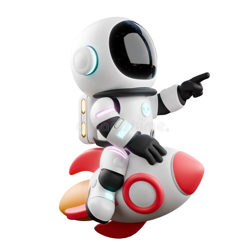 A Chibi Astronaut Sits on a Rocket Ship with His Left Hand Pointing ...
