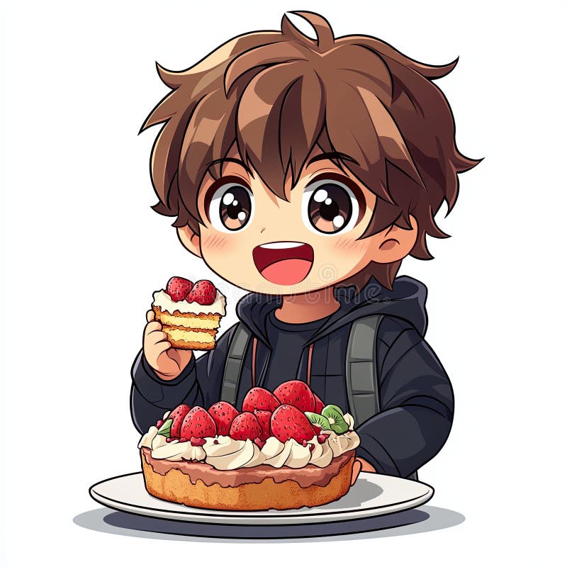 Chibi Boy Enjoying Slice of Cake with Joyful Expression and ...