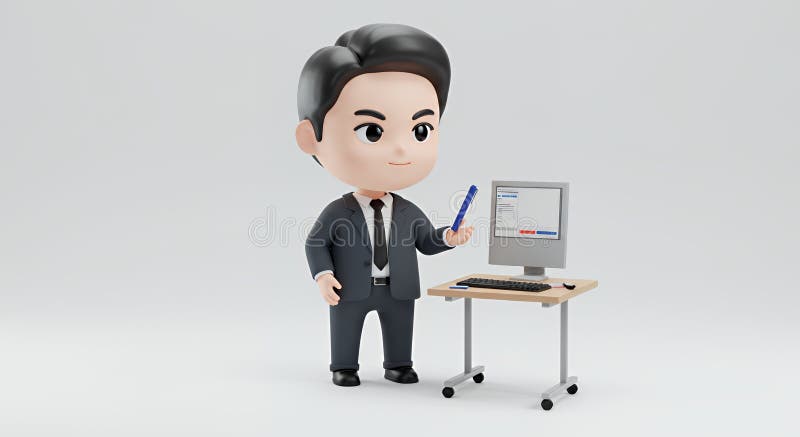 Chibi Businessman Presenting Data on Computer Screen 3D Render Stock ...