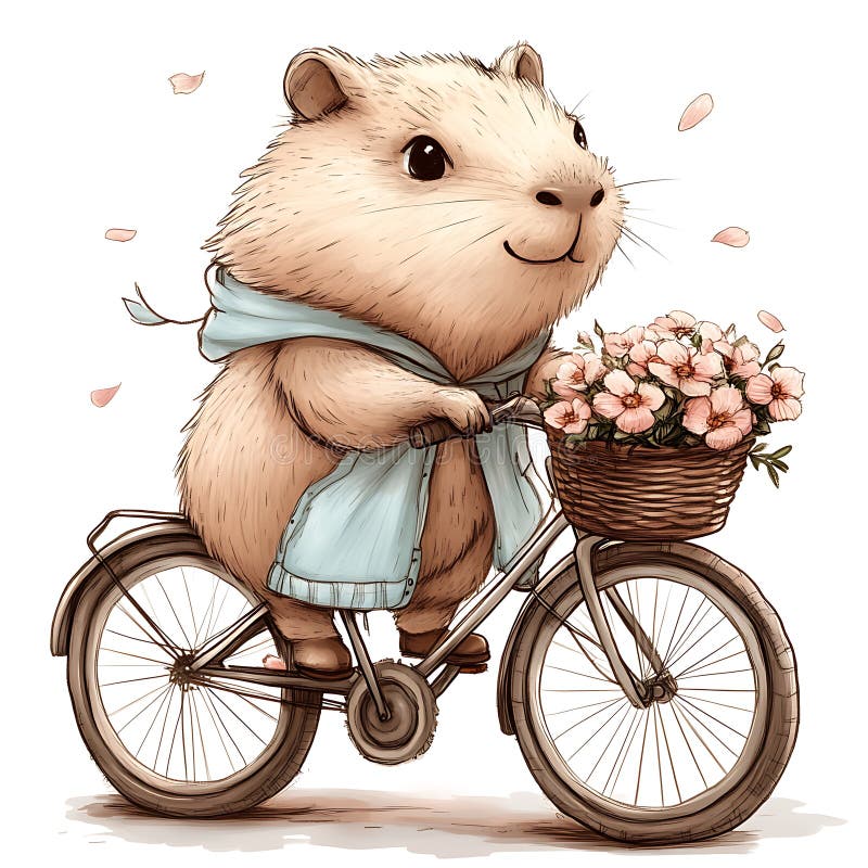 Chibi Capybara on Bicycle with Flower Basket Stock Illustration ...