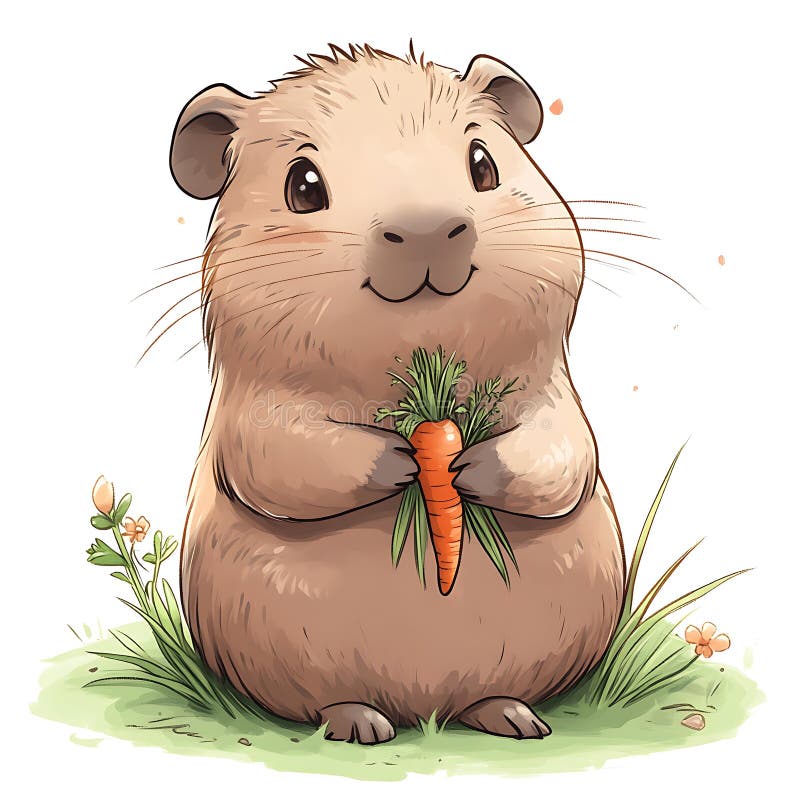 Chibi Capybara Holding a Tiny Carrot while Sitting Stock Illustration ...