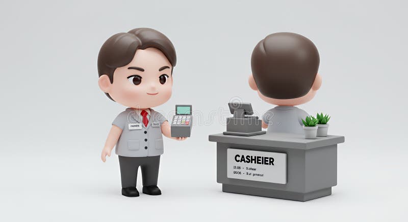 Chibi Cashier and Customer 3D Render: Friendly Transaction at Gray ...
