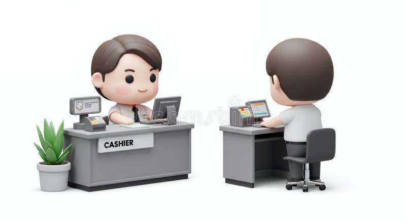 Chibi Cashier and Customer 3D Render: Grey Counter, White Background ...