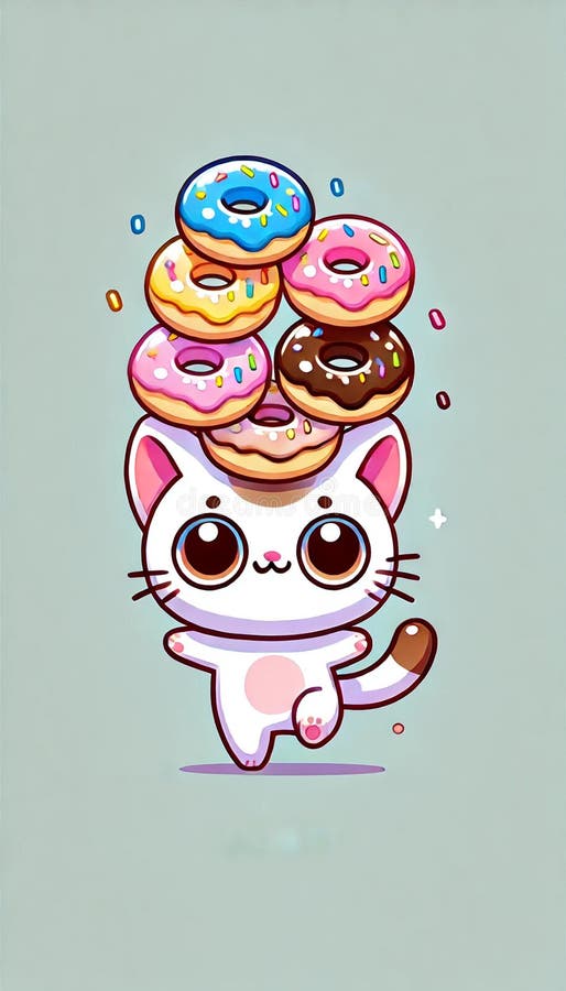 Chibi Cat Balancing Colorful Donuts Stock Illustration - Illustration ...