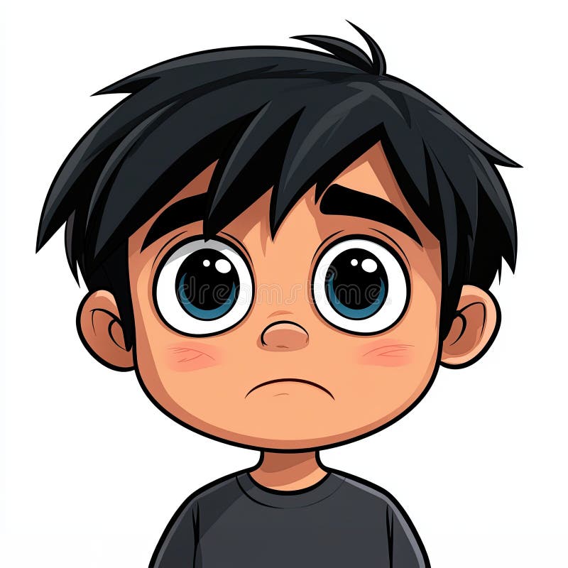 Chibi Character with Big Eyes, Black Hair, and Sad Expression Stock ...
