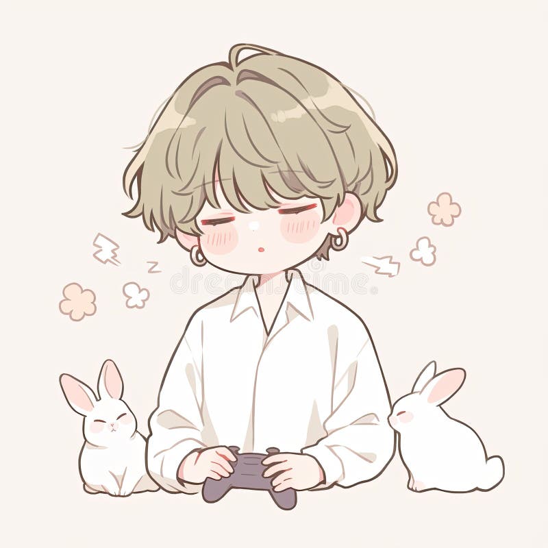 Chibi Character with Controller, Surrounded by Cute Rabbits, Falling ...