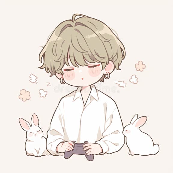 Chibi Character with Controller, Surrounded by Cute Rabbits, Falling ...
