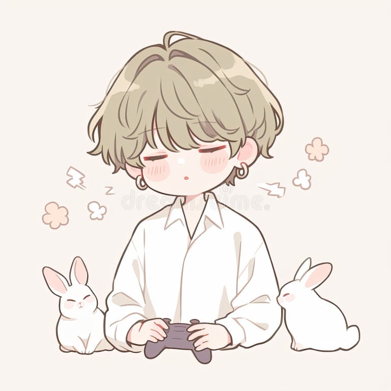 Chibi Character with Controller, Surrounded by Cute Rabbits, Falling ...