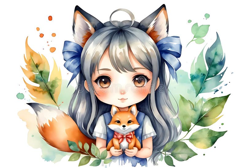 Chibi Character Holding Fox Toy with Watercolor Leaf Patterns by AI ...