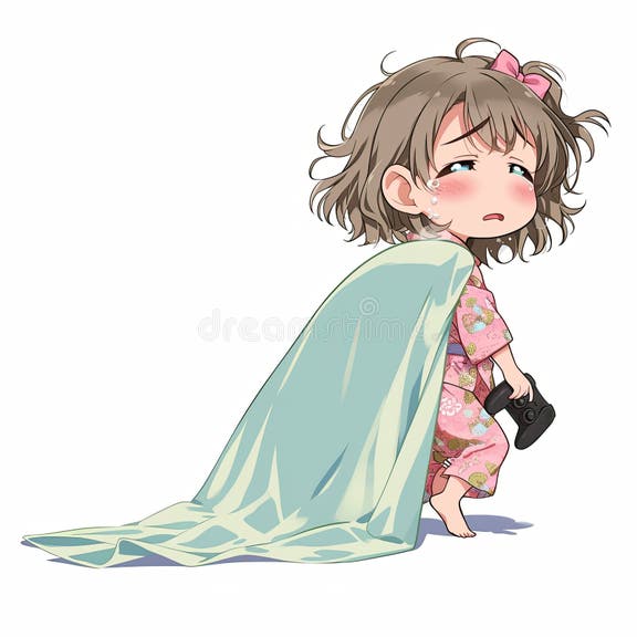 Chibi Character in Kimono Holding Game Controller, Looking Sleepy Stock ...