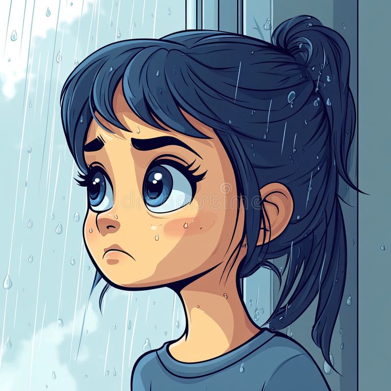 Chibi Character Looking Out Window with Sad Expression, Rain Falling ...