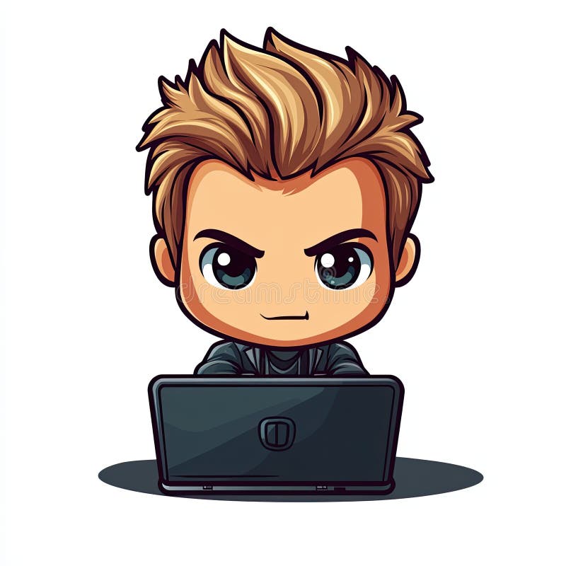 Chibi Character Typing on Laptop with Intense Focus Stock Illustration ...