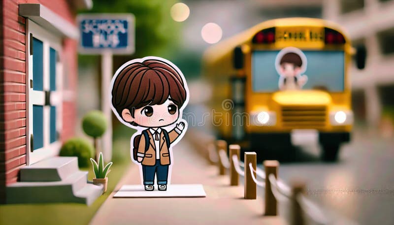 Chibi Child at Bus Stop stock illustration. Illustration of friendly ...