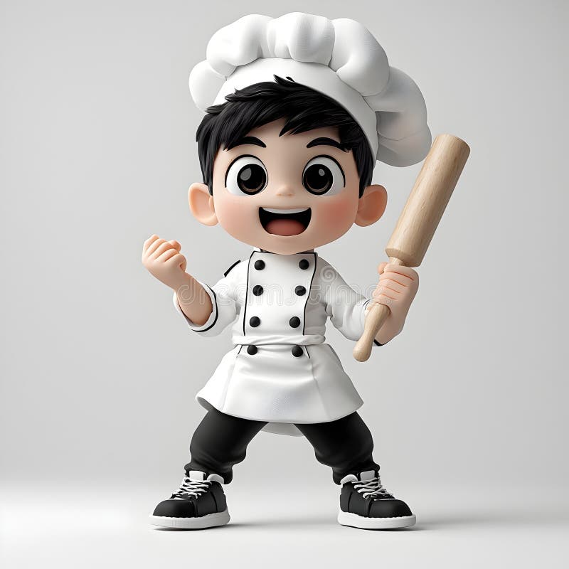 Chibi Child Chef Holding Rolling Pin on White Studio Background Stock ...