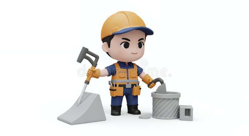 Chibi Concrete Finisher 3D Render: Cute Cartoon Worker with Tools ...