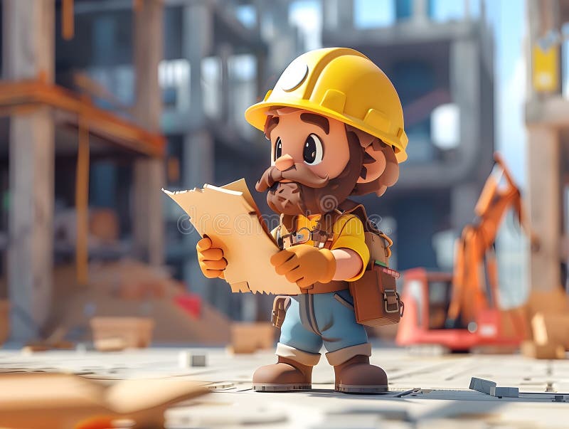 Chibi Construction Worker Inspecting Rural Development Project Site ...