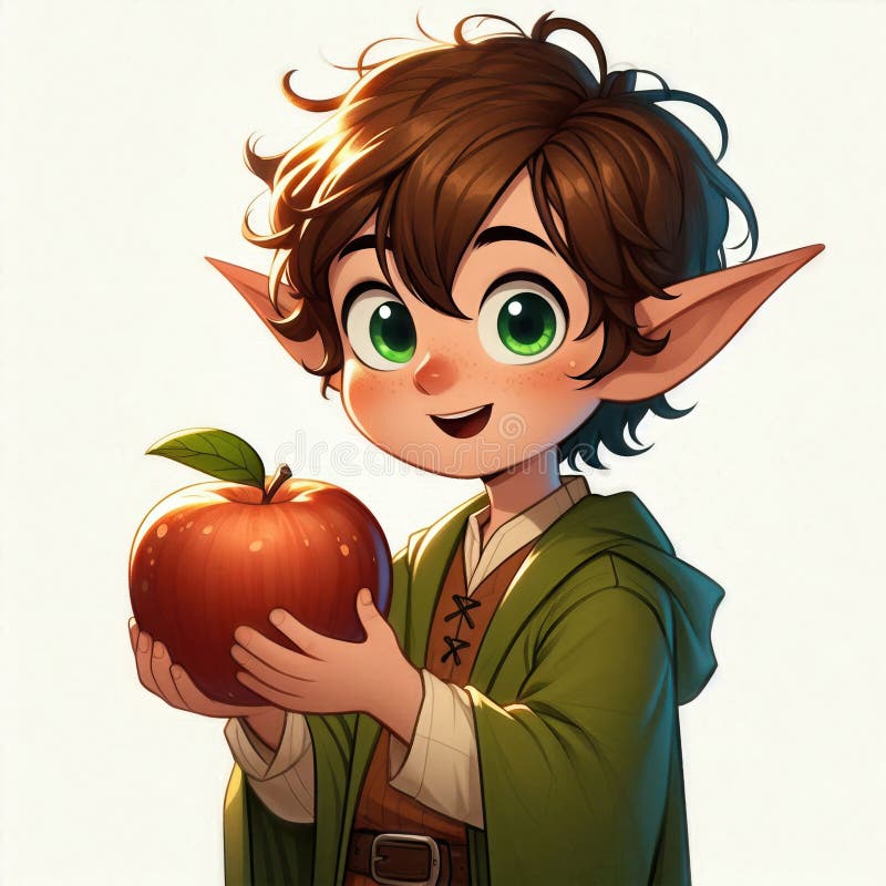Chibi Elf with Apple stock illustration. Illustration of design - 332164478