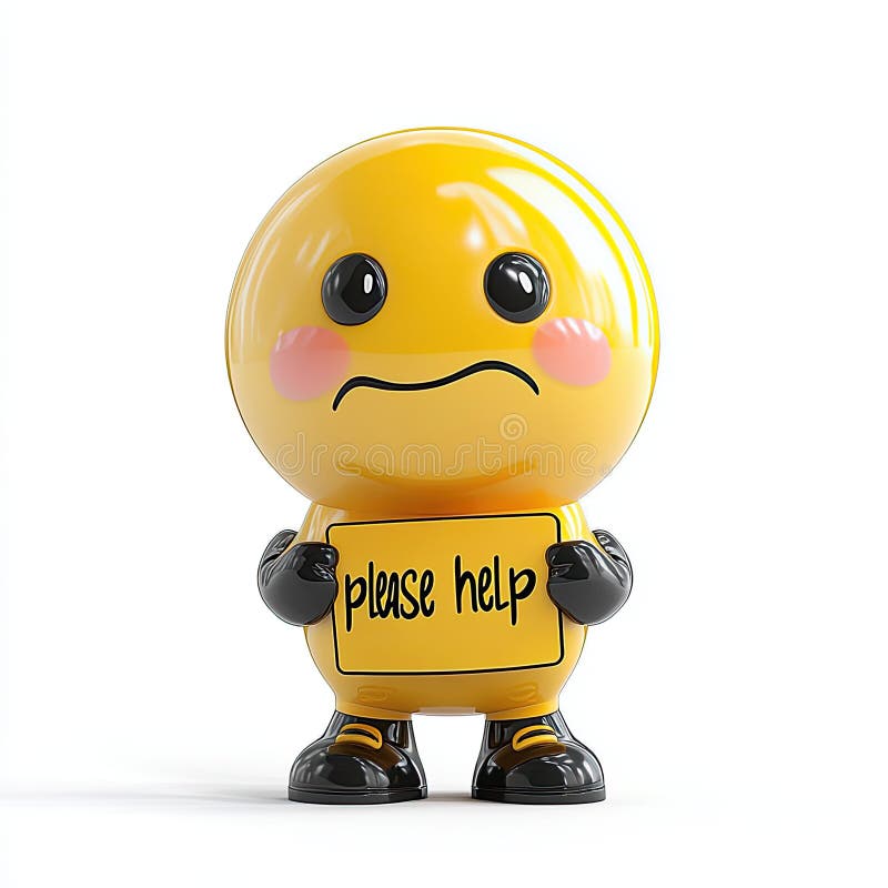 Chibi Emoji with Small Frown Holding Please Help Sign Stock ...