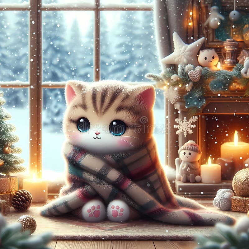 A Chibi Kitten with Cute Expression, Sitting Behind a Window, Wrapped ...