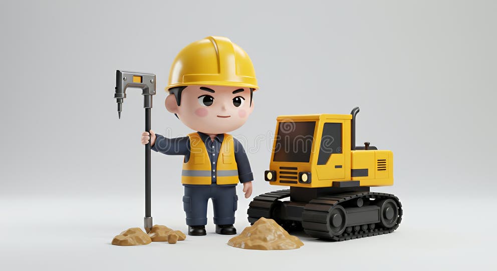 Chibi Korean Construction Worker 3D Render: Playful Yellow Hard Hat and ...