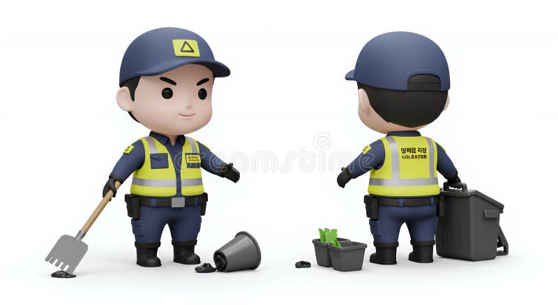 Chibi Korean Garbage Collector 3D Render Isolated on White Background ...