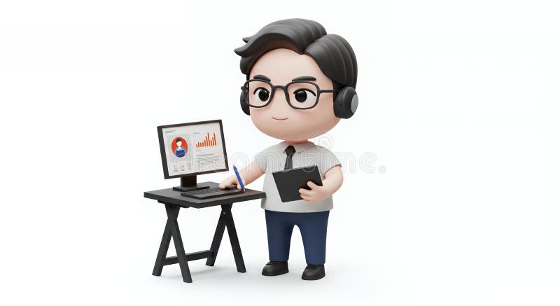 Chibi Korean Machine Learning Engineer 3D Render: Data Analysis at Desk ...