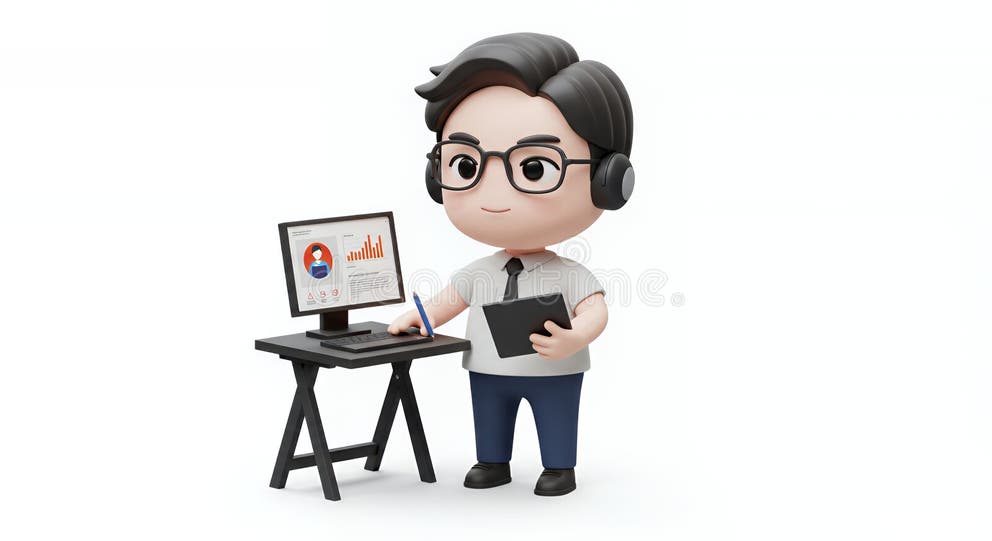 Chibi Korean Machine Learning Engineer 3D Render: Data Analysis at Desk ...
