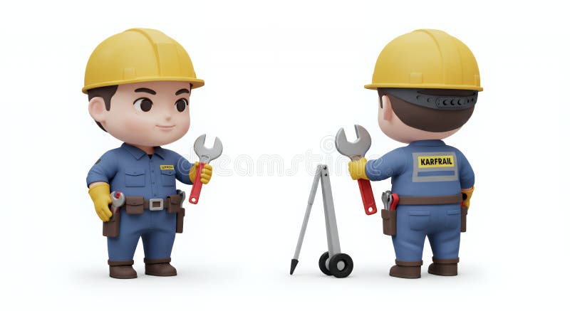 Chibi Korean Maintenance Worker 3D Render: Front and Back Views, Blue ...