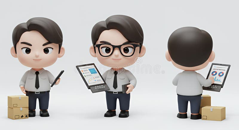 Chibi Korean Male Logistics Manager 3D Render: Grey Shirt Data Tablet ...
