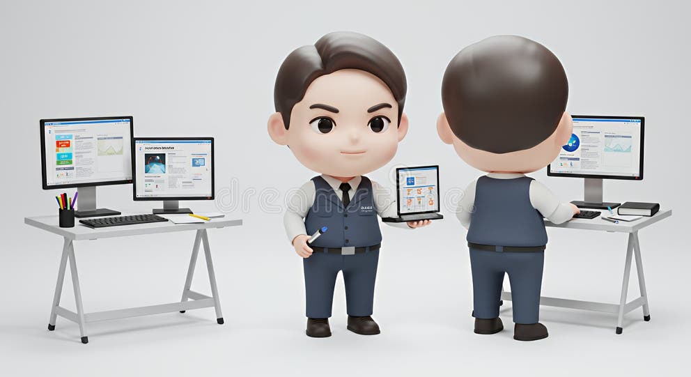 Chibi Korean Male Network Engineer 3D Render: Data Graphs, Laptop ...
