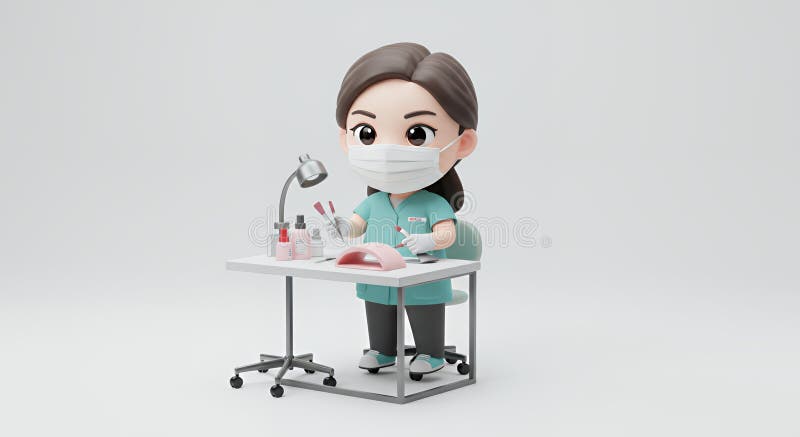 Chibi Korean Nail Technician 3D Render: Cute Cartoon Character at Work ...