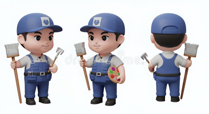 Chibi Korean Painter 3D Render Multiple Views Isolated on White ...