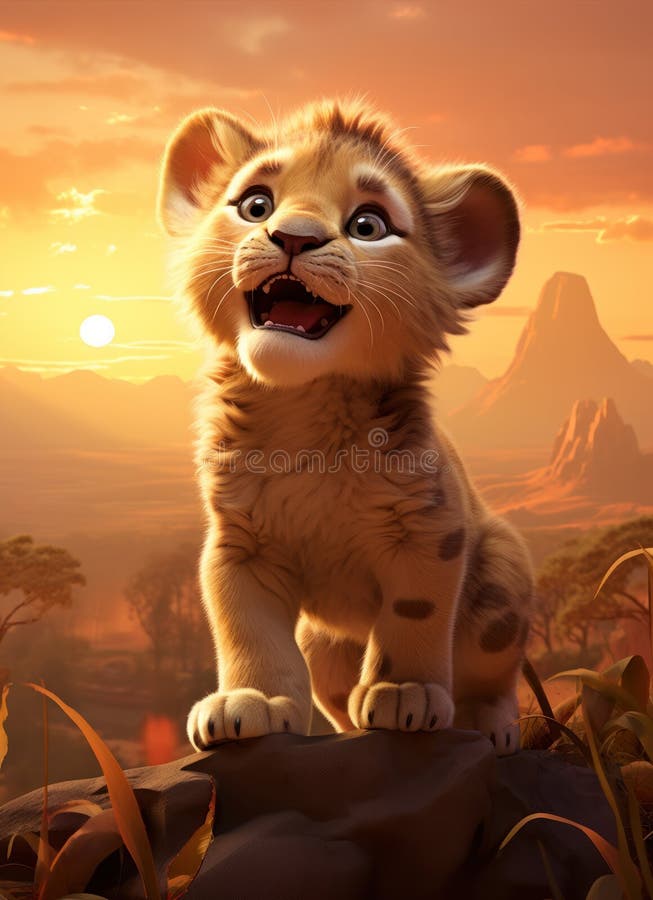 Chibi Lion Cub Roaring Savannah Sunset Backdrop Stock Illustration ...