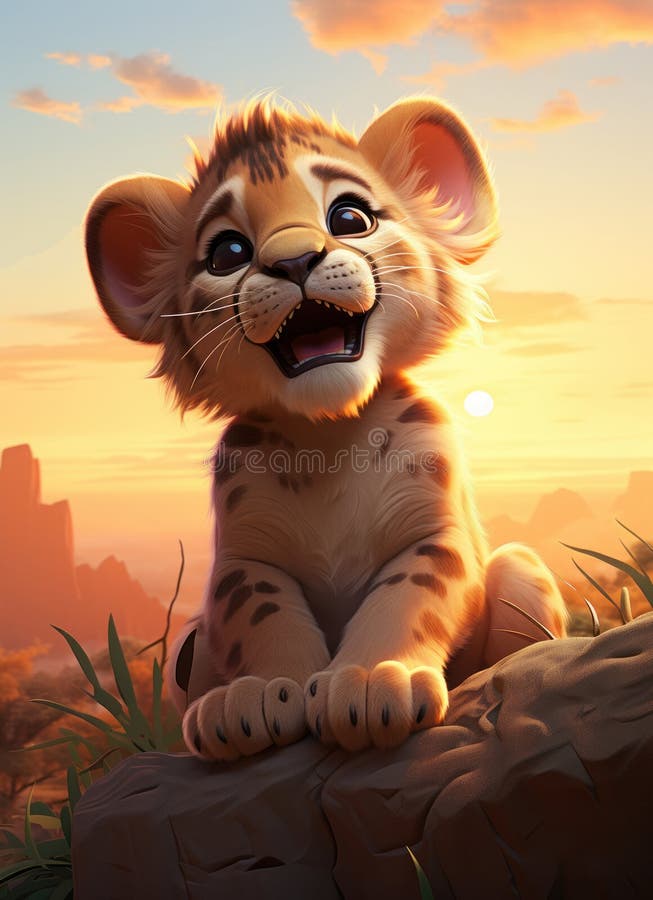 Chibi Lion Cub Roaring Savannah Sunset Backdrop Stock Illustration ...