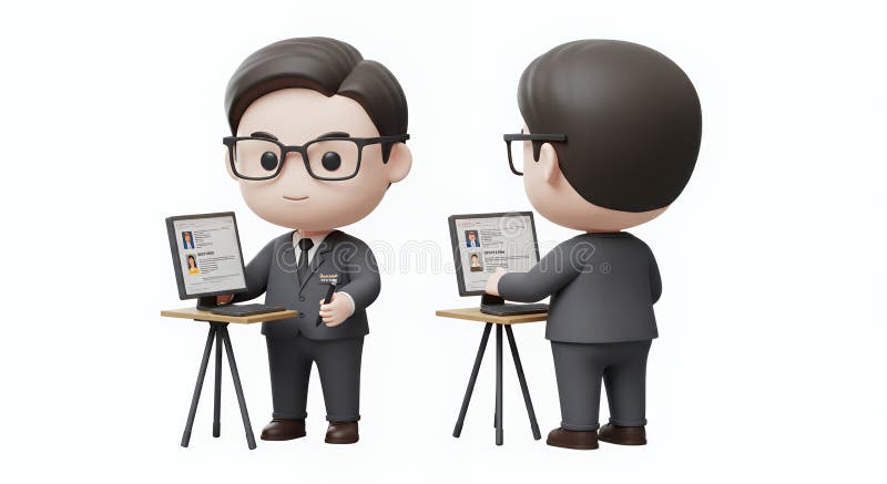 Chibi Male Backend Developer 3D Render: Grey Suit, Glasses, Laptop ...