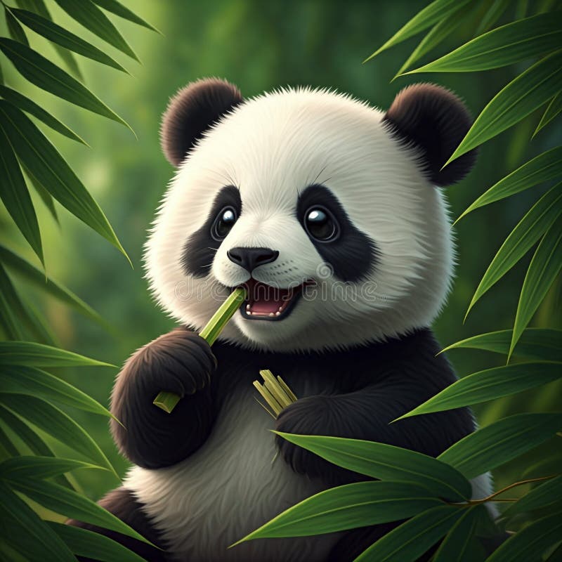 Chibi Panda Enjoying a Bamboo Snack Stock Illustration - Illustration ...